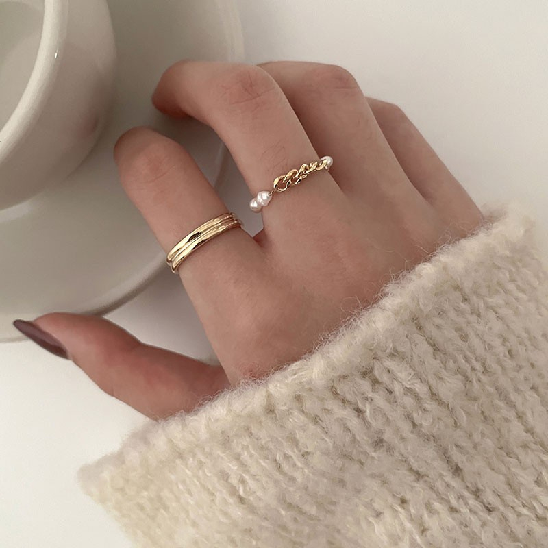 Water Pearl Gold-Plated Ring Two-Piece Set Index Finger Ring Ring Plain ...