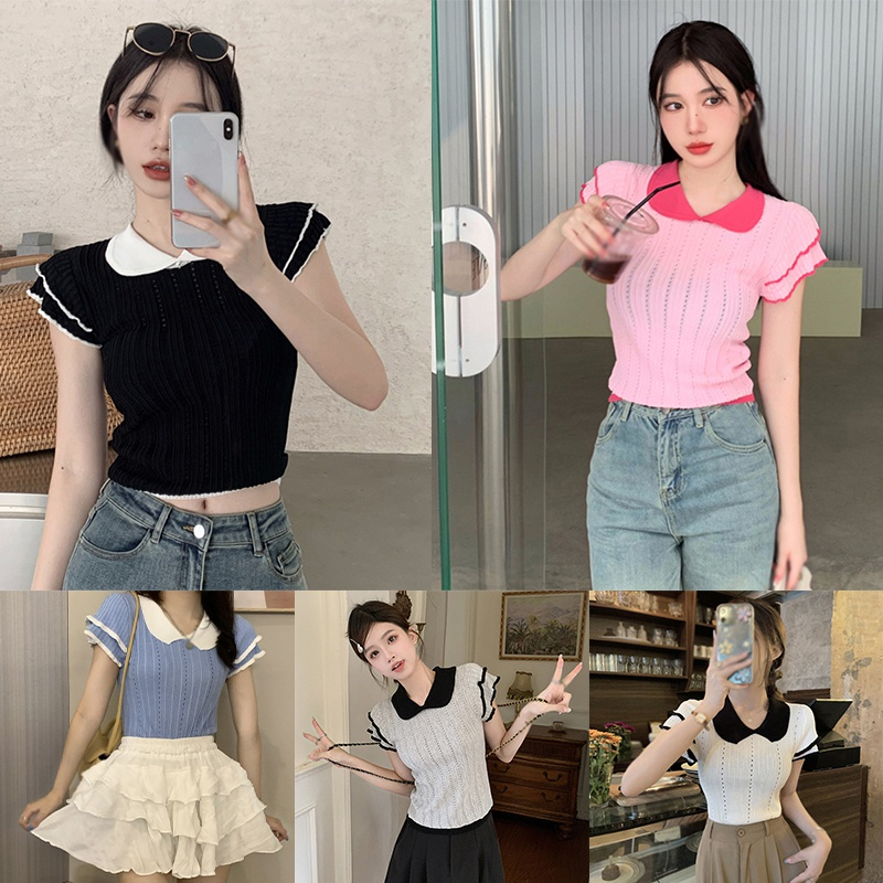 Doll neck Knitted Crop Tops Women's T shirt Casual Short Sleeve ...