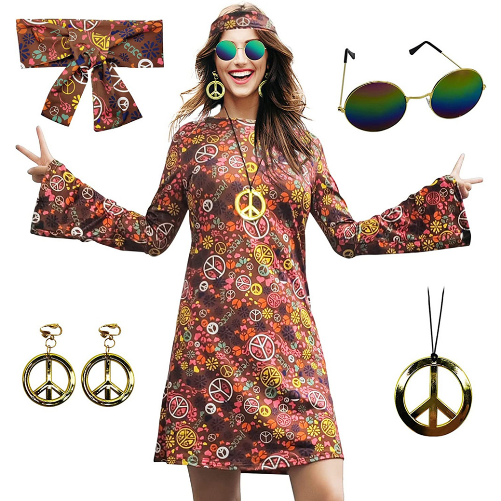 60s 70s Retro Outfit For Women Dress Hippie Costume Disco Flower Dress ...
