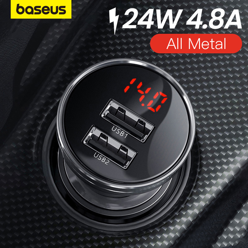 Baseus 24W 4.8A Dual USB Metal Car Charger LED Display fast Charging ...