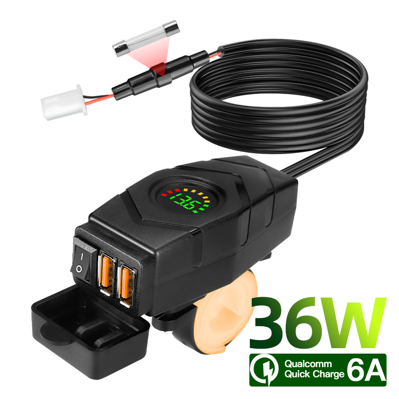 36W QC USB Adapter Waterproof Motorcycle Charger DC 12V-24V with LED ...