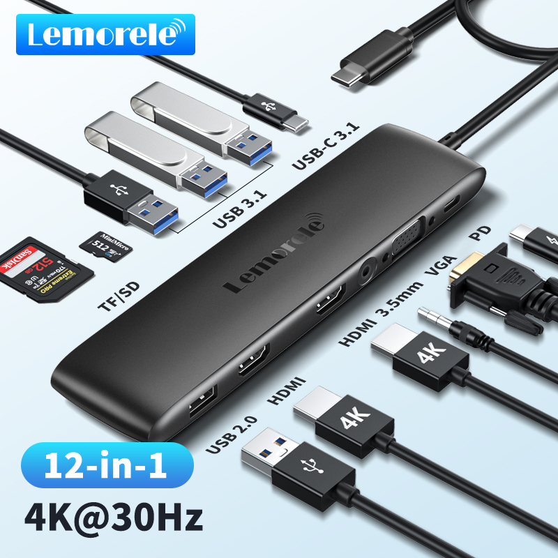 Lemorele TC97 12 In 1 USB-C Hub Multi Adapter 2x HDMI 4K 4x USB Ports ...
