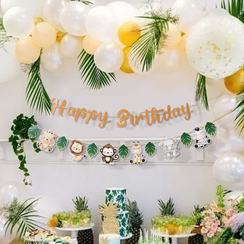 Safari Theme Happy Birthday Hanging Backdrop Cute Jungle Animal Flag ...