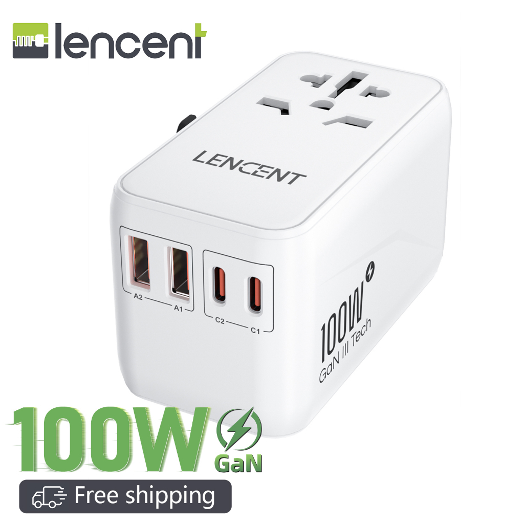 LENCENT GaN III 100W Universal Travel Adapter, International Charger with 2 USB Ports & 2 USB-C ...