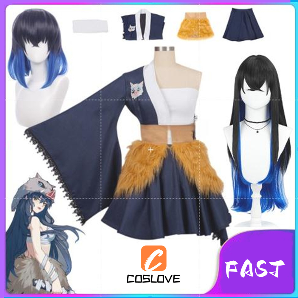 Anime Demon Slayer Hashibira Inosuke Cosplay Costume Dress Long Wig ...