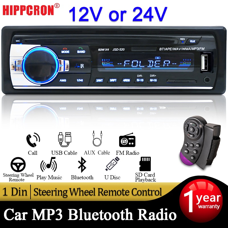 Car Kereta Radio Stereo Bluetooth 12V 24V 1 Din MP3 Player FM 1Din Sterio Digital Audio AUX ...