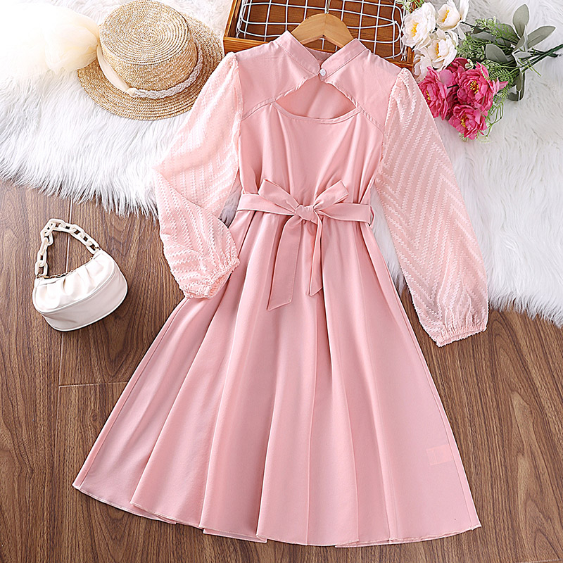 SIYYIS Dress Budak Perempuan 8-12 Tahun Pink Tie-Waist Long Sleeve ...