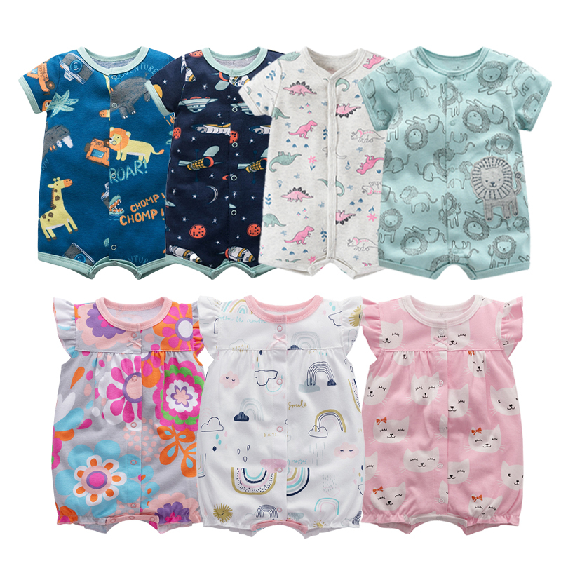 Baby jumpsuit summer short sleeved pure cotton button button colorful cartoon pattern casual ...