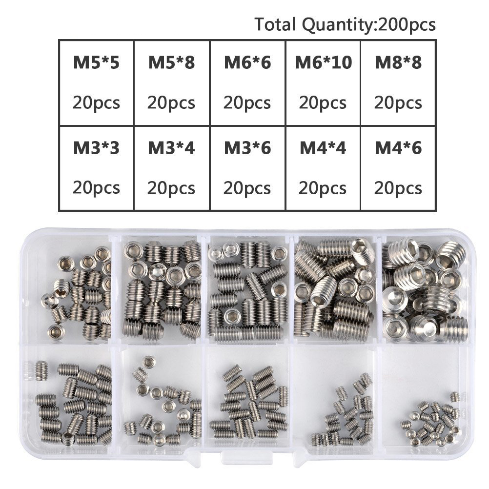 200Pcs 304 Stainless Steel Hex Socket Set Screw Grub Screws Flat/Cup ...