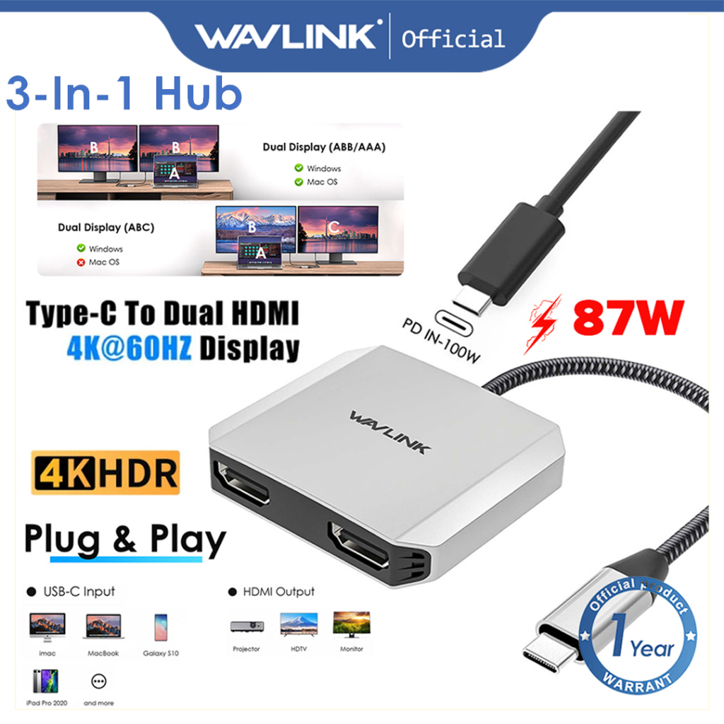 Wavlink USB-C to Dual 4k HDMI MST Adapter Thunderbolt With PD 87W Dual ...