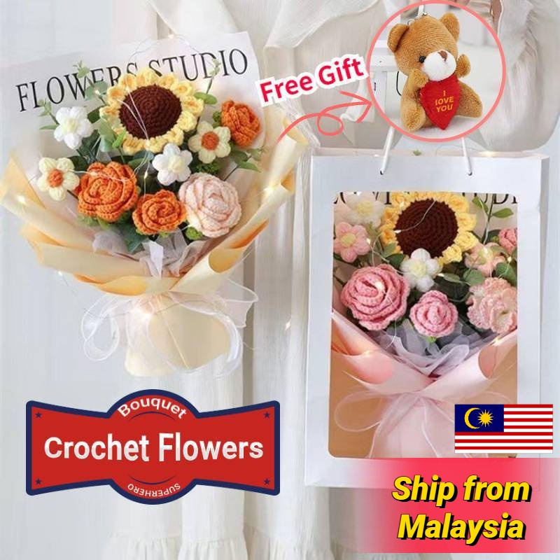 Crochet Flowers Bouquet Knitted Sunflower Rose - Wool Bouquet ...