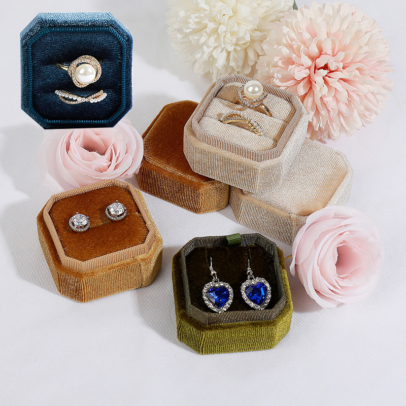 New Octagon Shape Double Ring Velvet Jewelry Box Ring Holder Storage ...
