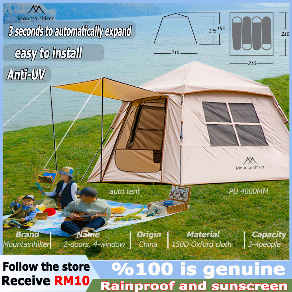 Mountainhiker Automatic Tent, Size 3-4 Persons, 2 Doors, 2 Windows, Sleeping Tent, Outdoor Tent ...
