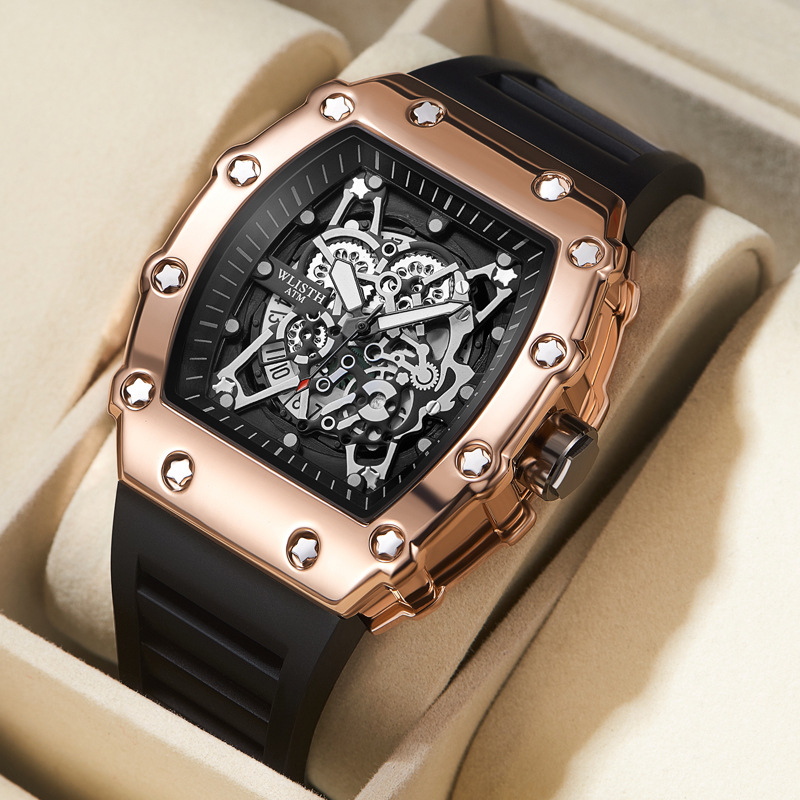 Golden Barrel Shape Men's Watch Mechanical Style Black Dial Calendar ...