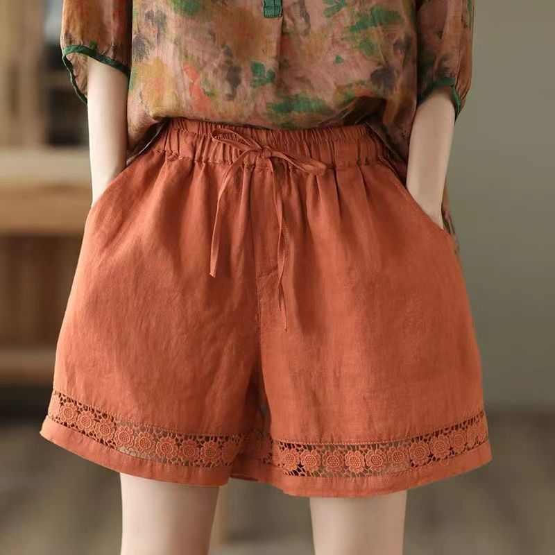 Summer thin linen shorts women's vintage cutout lace elastic waistband ...