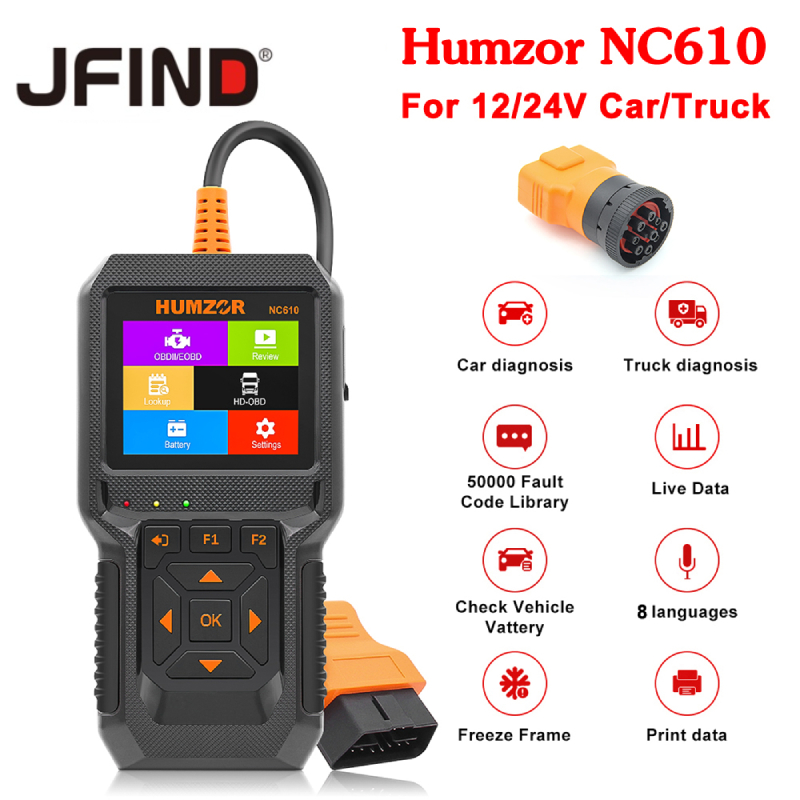 HUMZOR NC610 12V/24V Car Truck OBD 2 Code Reader OBD2 Engine J1939 For Car Gasoline Automotive ...
