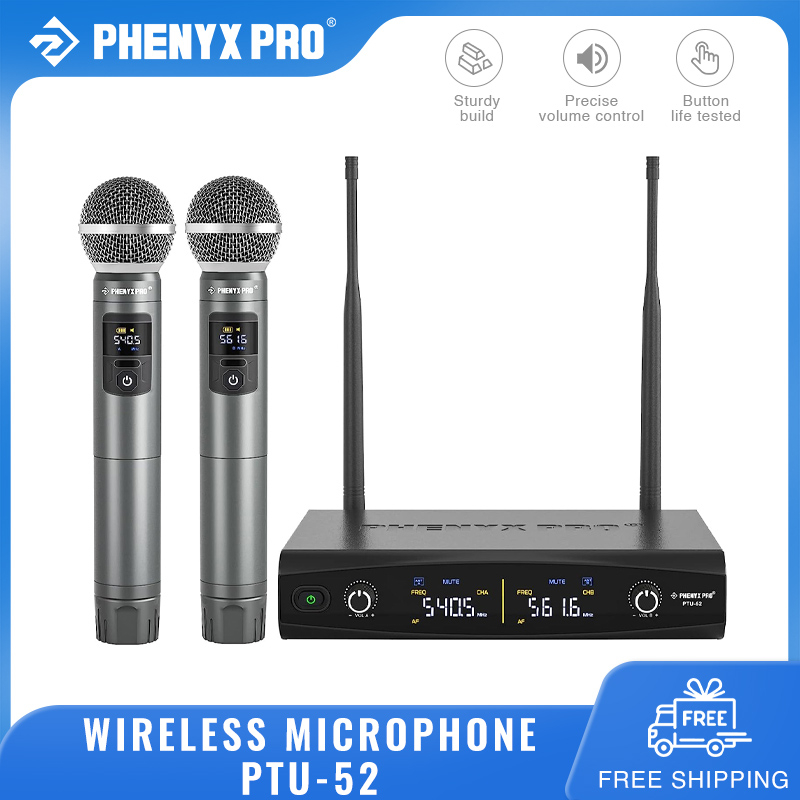 Phenyx Pro PTU-52 Metal Wireless Wireless Microphone System Mic Set with Case Handheld Cordless ...