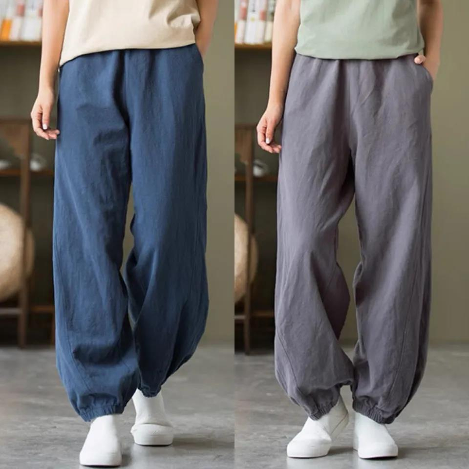 2024 Seluar panjang kasual wanita kapas linen gaya etnik Vintaj, seluar ...