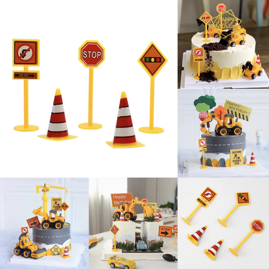 5 pcs/set of Construction Vehicle Road Sign Barrier Cake Decorating ...