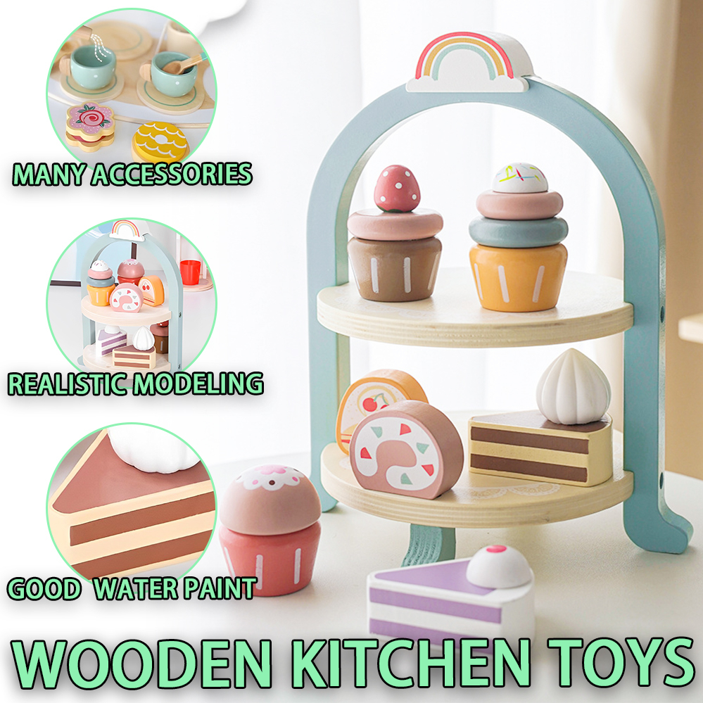 【Durable】Food Toys Wooden Teh Toys Dessert Toys Pretend Play Afternoon ...