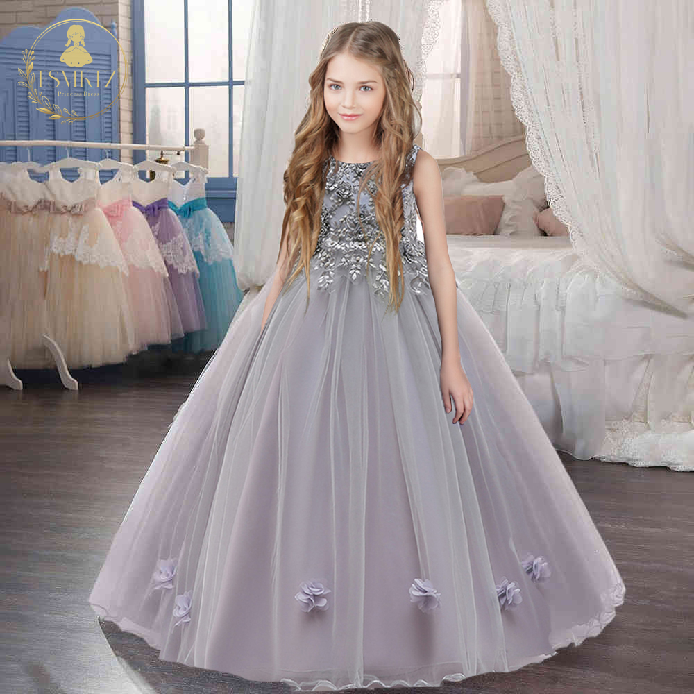 Formal Gray Long Princess Dress For Teenage Girl Lace Bridesmaid Party ...