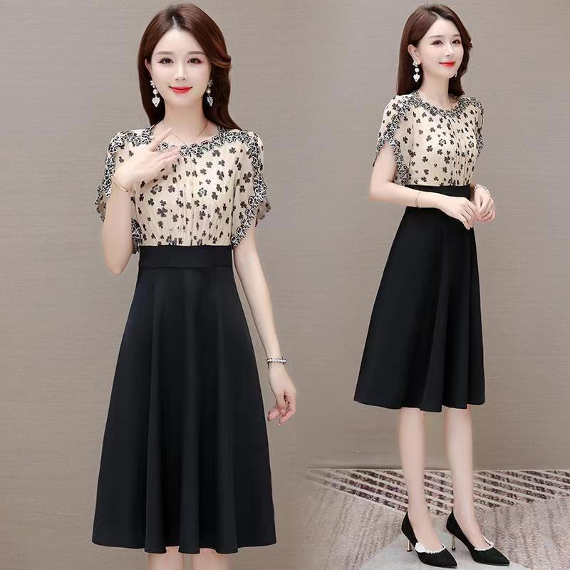 Fashion Floral Splicing Dress Summer Short Sleeve High Waist A Line