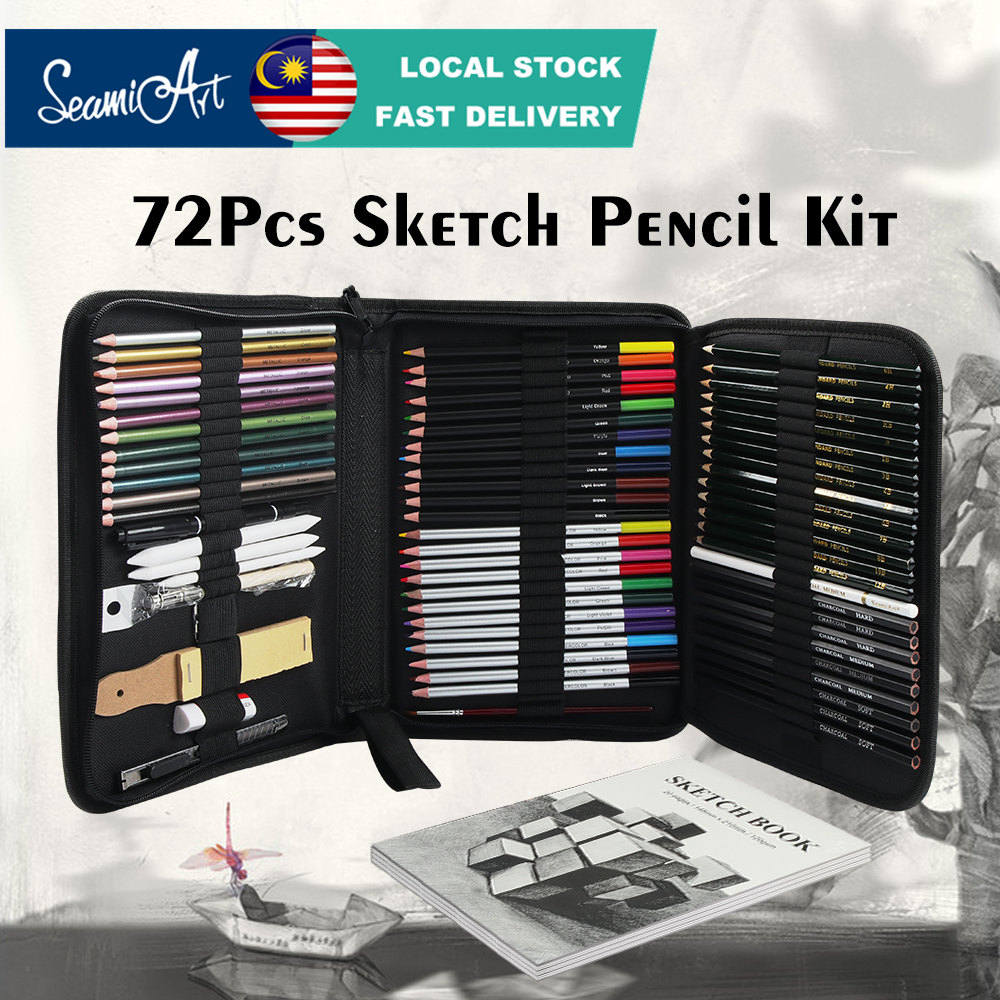 SeamiArt 72pcs Drawing Sketch Set with Charcoal Color Metallic Pencils ...