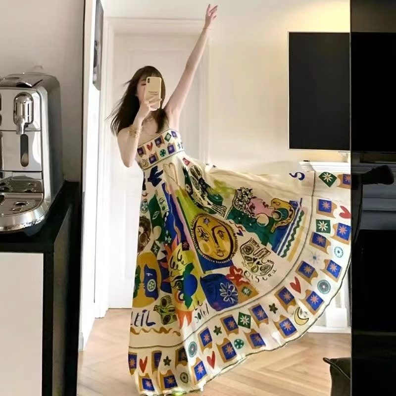 Korean Style Women Vintage Print Oversized Sleeveless Maxi Long Dress ...