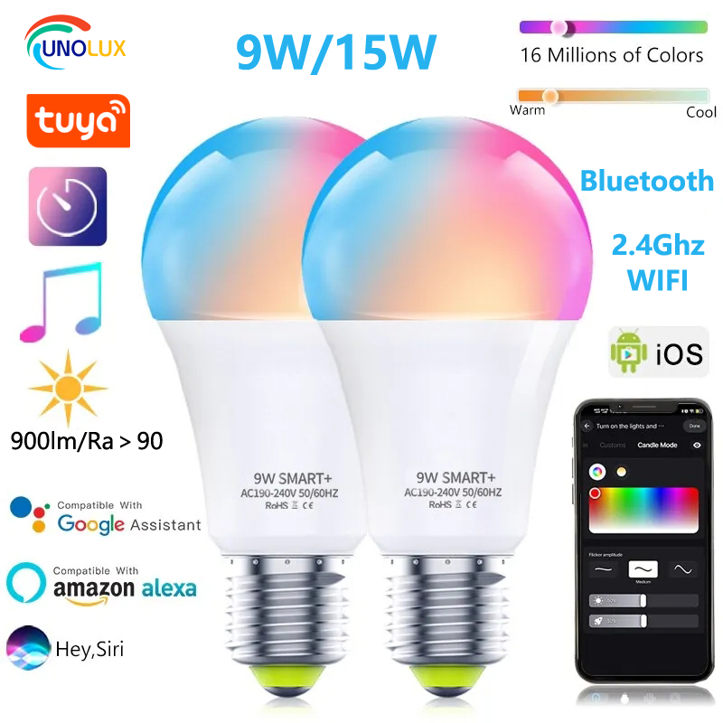 UNOLUX TUYA RGB Wifi Smart Light Bulb 9W 15W LED WiFi Bulb Works with ...