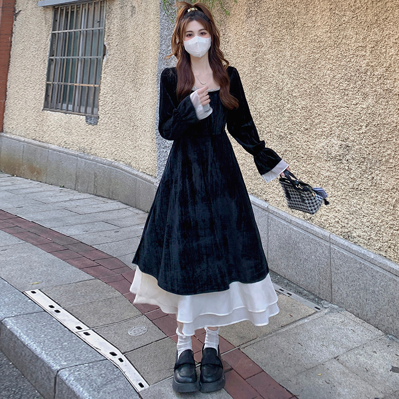 Autumn New French Style Style Square Neck Black A-line Dress Fake Two ...
