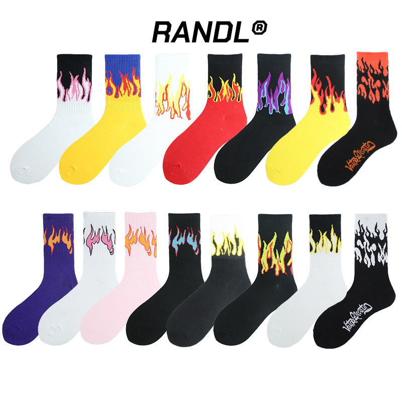 RANDL SOCKS Hip Hop Colorful Fire Socks Black White Yellow Funny Flame ...