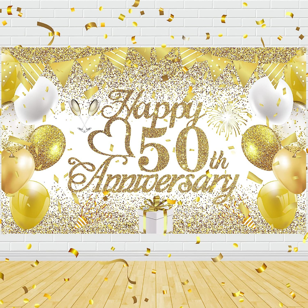 7x5ft White Gold Happy 50th Anniversary Photography Backdrop 50th ...