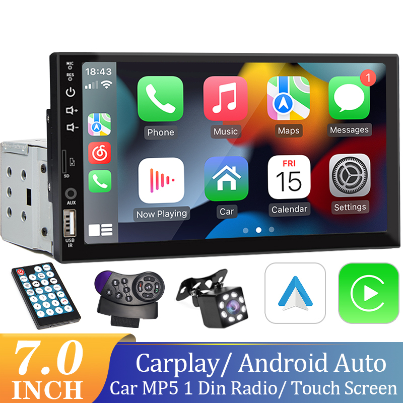 Central Multimedia Carplay Android Auto 1 Din 7 Inches MP5 Bluetooth USB/AUX/TF Mirrorlink With ...