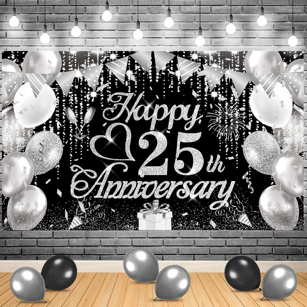 5x3ft Black Silver Happy 25th Anniversary Photography Backdrop 25th ...