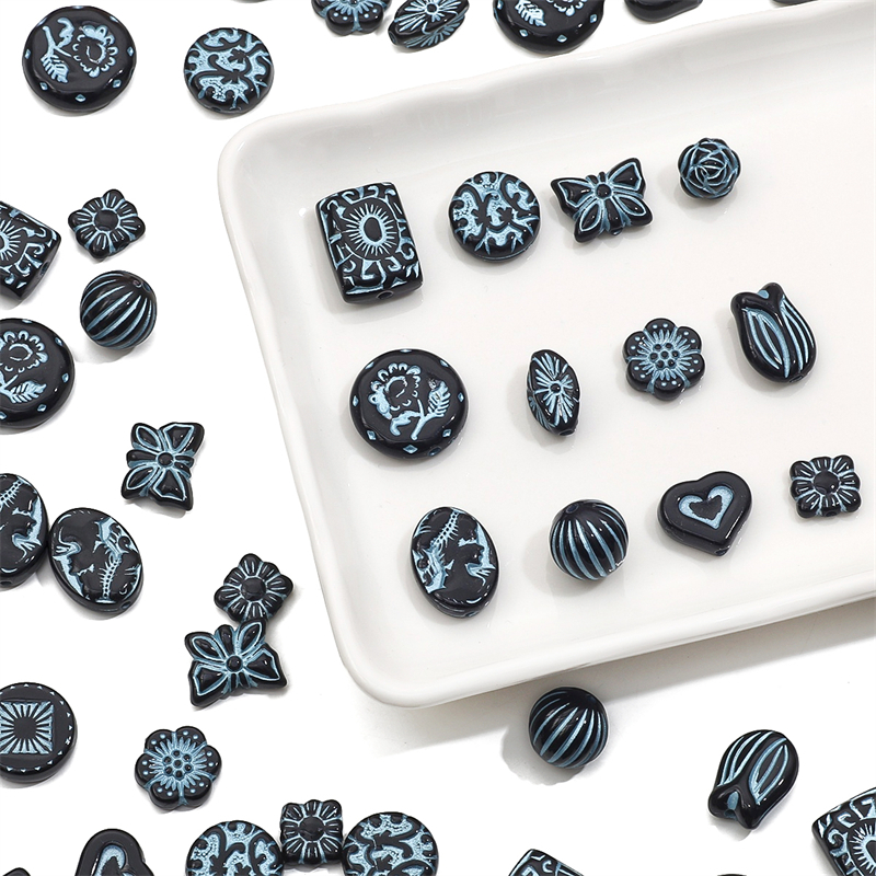 Baroque Line Drawing Beads Retro Blue Pattern Beads Acrylic Black Beads ...