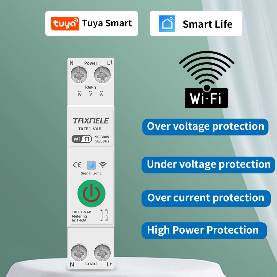 Smart Life TUYA WiFi MCB Circuit Breaker Power Metering Over Current Under Voltage Protect 1-63A ...