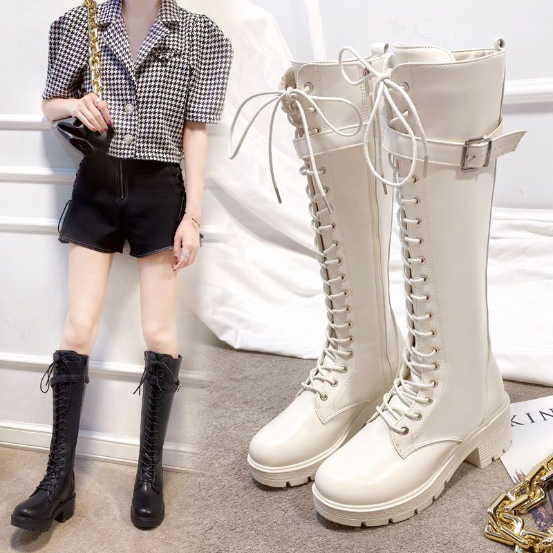 Korean Style Thick Sole Knight Boots Women's Fashion Retro High Leather ...
