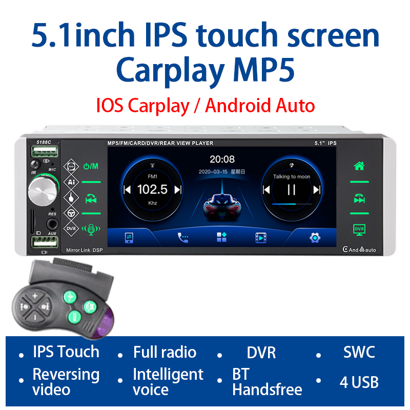 ESSGOO MP5 1 Din Carplay 5.1" Inch Car Player IPS Touch Screen Bluetooth FM/AM Car Radio ...