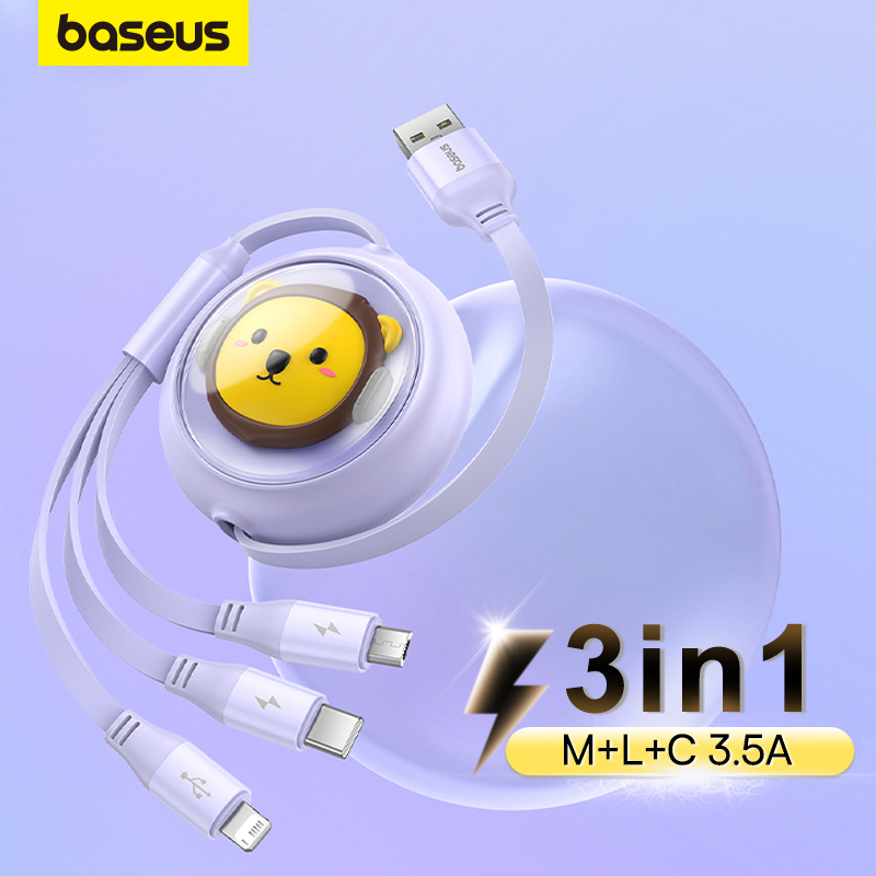 Baseus Leo Retractable Charging Cable 3 in 1 USB to M+L+C 3.5A Fast ...