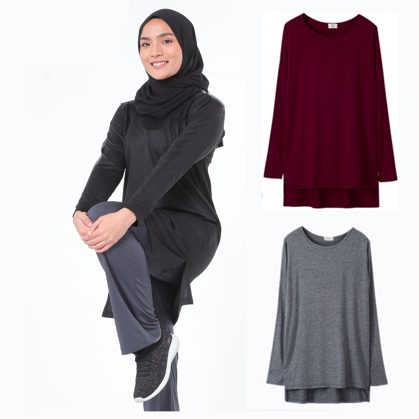 Cotton Sport T Shirt Baju Sukan Tops Muslimah Long Sleeve O Neck Plain ...