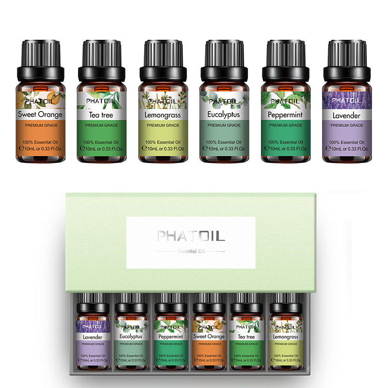 PHATOIL 10ML/0.33Fl.Oz Essential Oils Set Popular 6 Gift Box Lavender Lemongrass Eucalyptus ...
