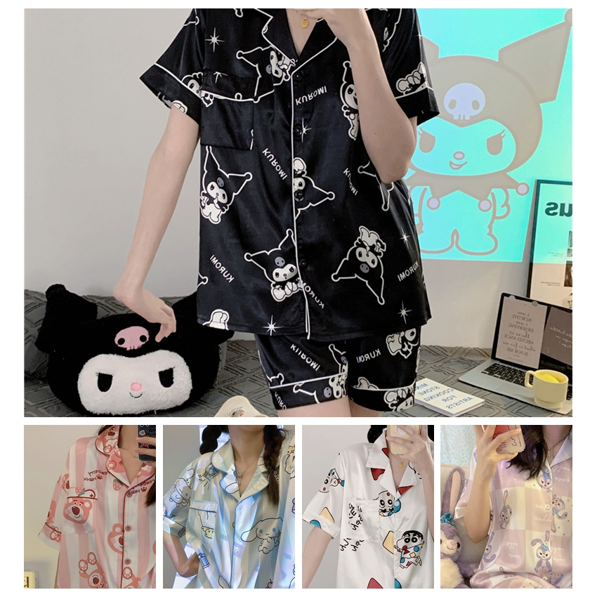 Pajamas Set Women Cute Kuromi Cinnamoroll Home Suit for Women Satin ...