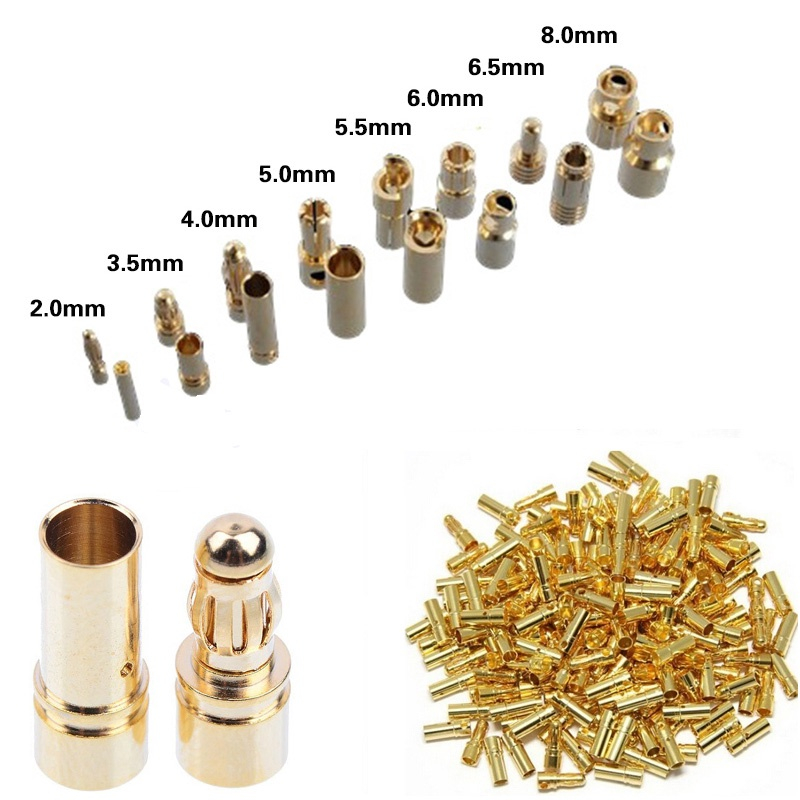 10 pairs / lot 2.0mm 3.0mm 3.5mm 4.0mm 5.5mm 6.0mm 8.0MM Gold Bullet Banana Connector plug for ...