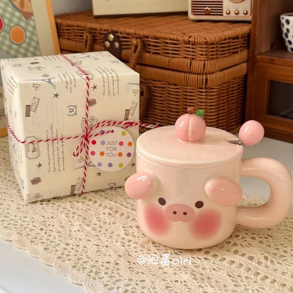 Christmas Gift Cute Pig Ceramic Mug with Lid Spoon Couple Cup Office ...