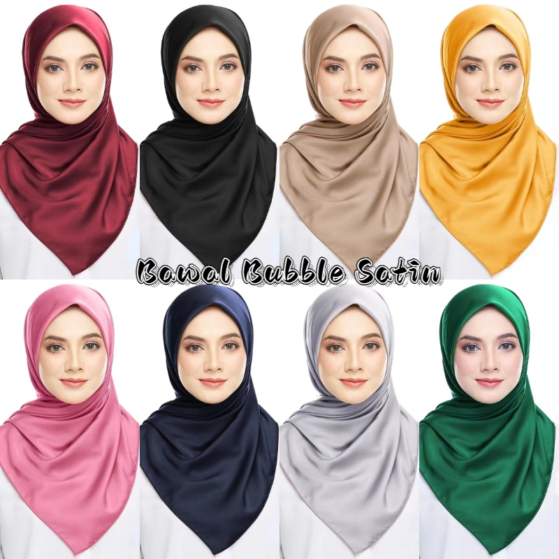【READY STOCK】Premium Bawal Luxe Bubble Satin Square Hijab Plain Scarf ...