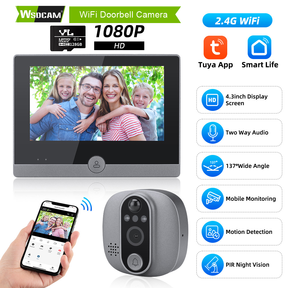 Wsdcam WiFi 4.3 Inch LCD Peephole Camera Night Vision Door Bell Smart PIR Recording Peephole ...
