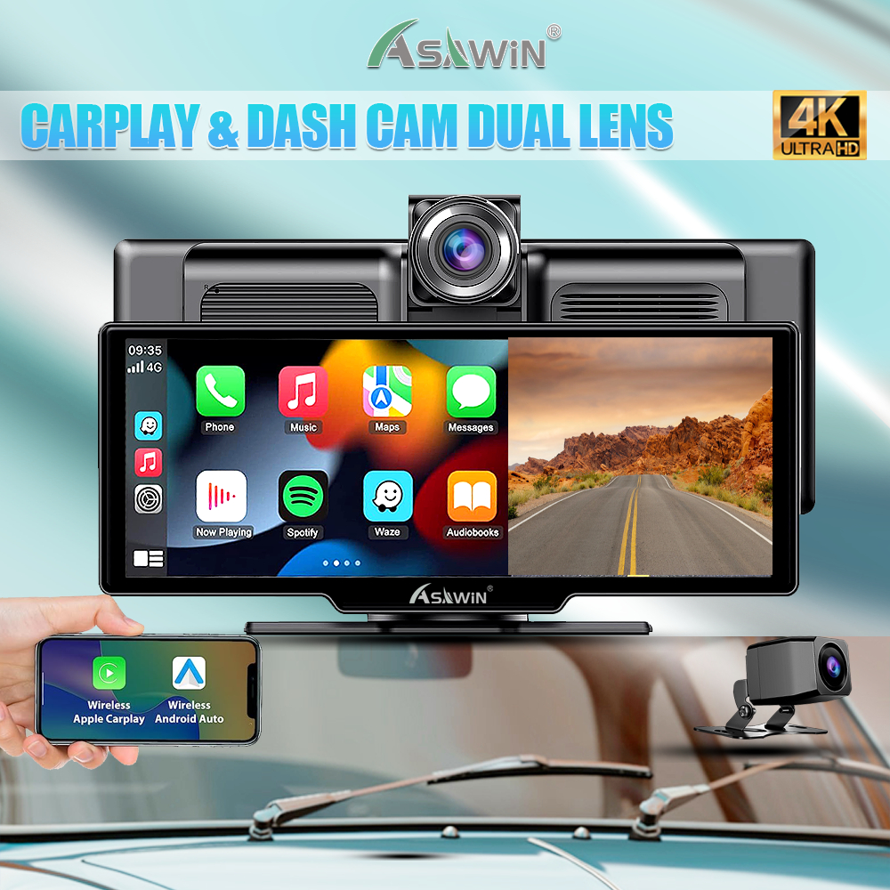Asawin Carplay 4K Dash Cam WIFI Android Apple 10.26 In Front and Rear View Camera Voice Control ...