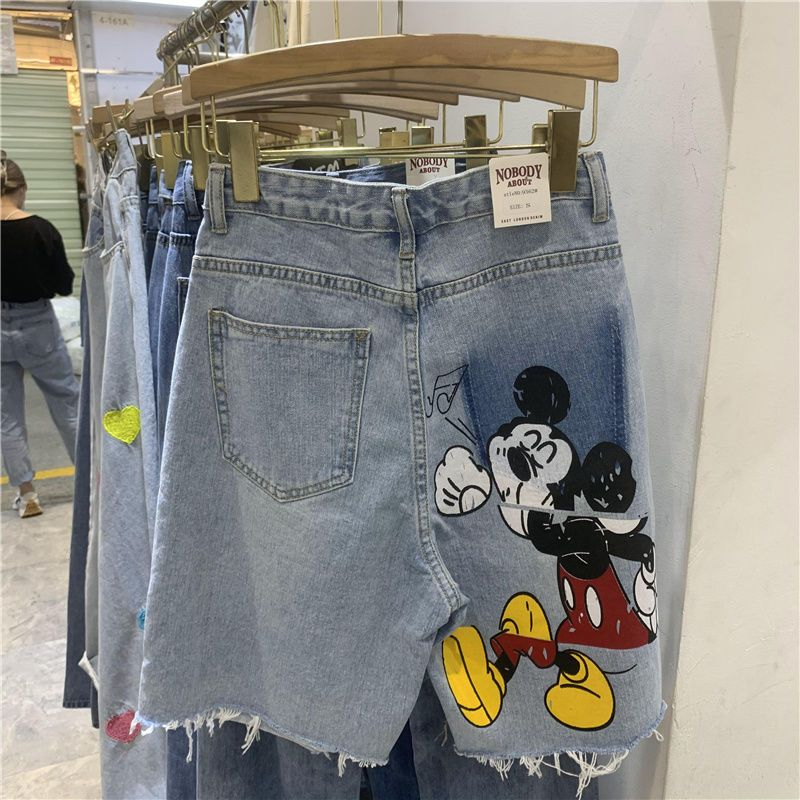 Mickey Stickers Ripped Cropped Jeans Ladies Summer High Waist All-Match ...