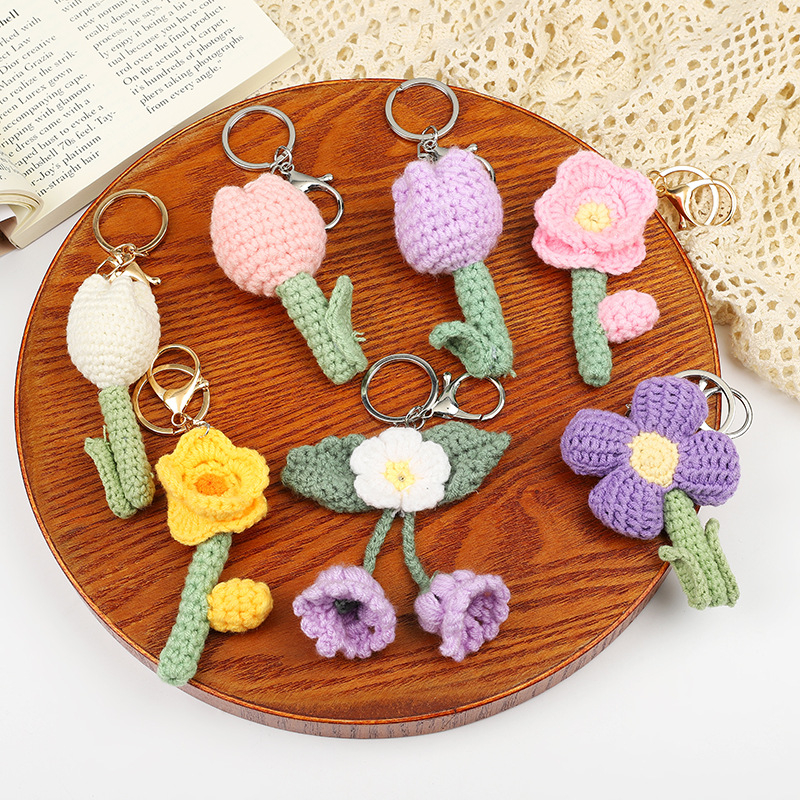 Crocheted Colored Flowers Key Chains Rings Holders Decorative Bags ...
