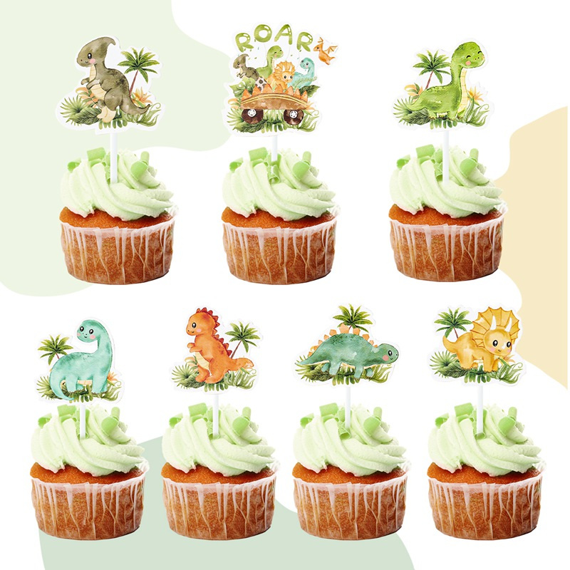 16PCS Cute Dinosaur Roar Cake Topper Dino Cartoon Happy Birthday Forest ...